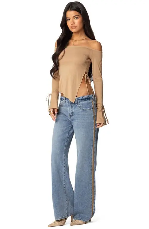 EDIKTED Faux Suede Stripe Wide Leg Jeans - Blue