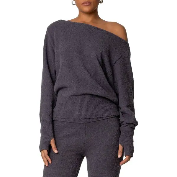 EDIKTED Plush Oversize Asymmetric Sweater - Dark-gray