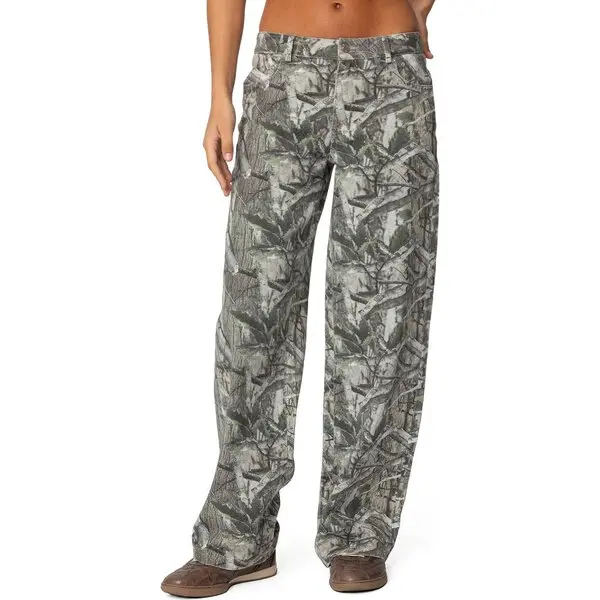 EDIKTED Camo Print Low Rise Wide Leg Jeans