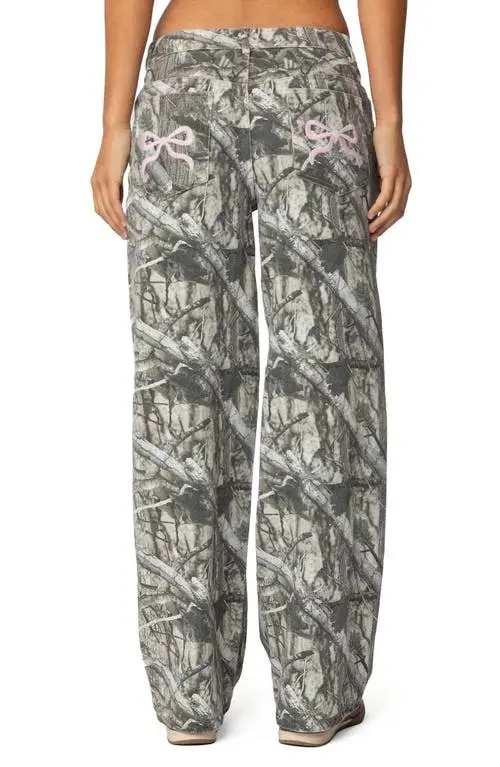 EDIKTED Camo Print Low Rise Wide Leg Jeans