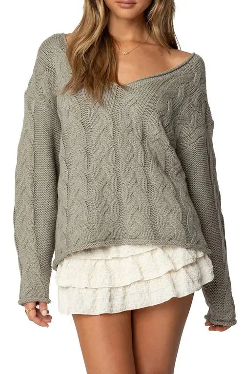 EDIKTED Inga Oversized Cable Knit V-neck Sweater - Olive