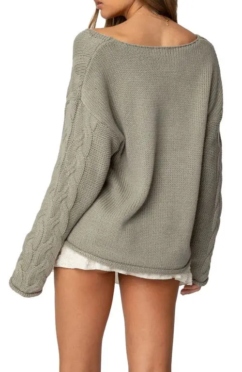 EDIKTED Inga Oversized Cable Knit V-neck Sweater - Olive