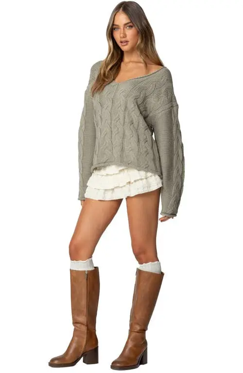 EDIKTED Inga Oversized Cable Knit V-neck Sweater - Olive