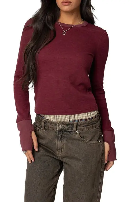 EDIKTED Waffle Long Sleeve T-shirt - Burgundy