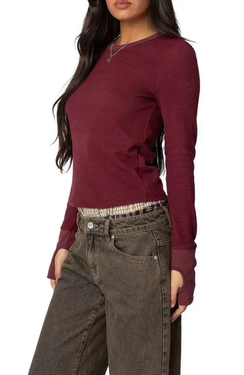 EDIKTED Waffle Long Sleeve T-shirt - Burgundy