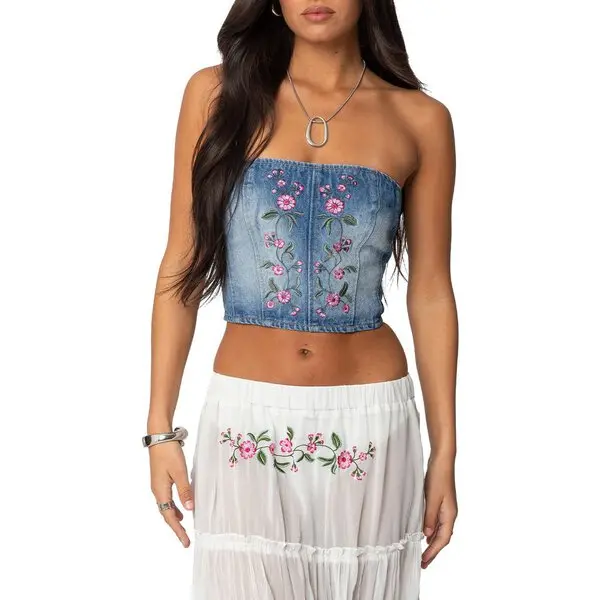 EDIKTED Tula Floral Embroidered Corset Top - Blue