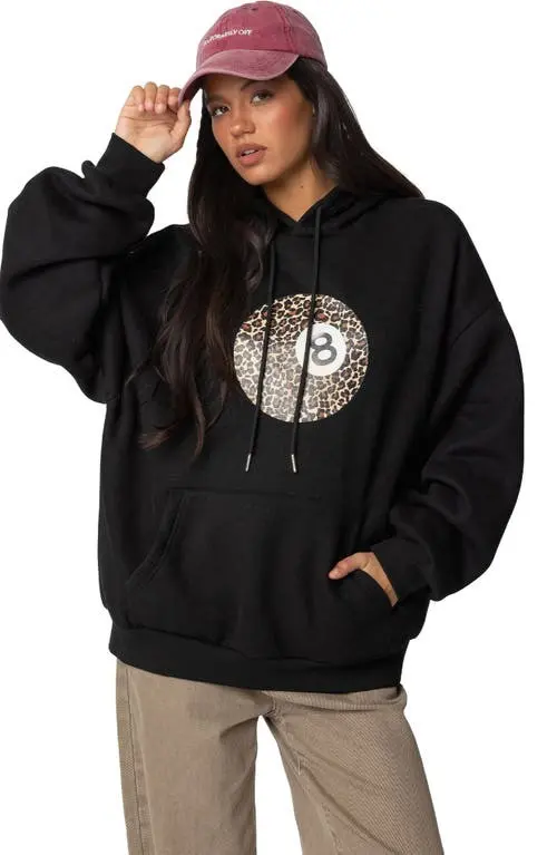 EDIKTED Leopard Eight-ball Graphic Oversized Hoodie - Black