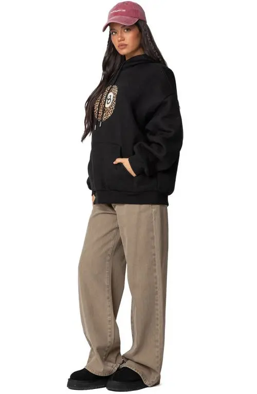 EDIKTED Leopard Eight-ball Graphic Oversized Hoodie - Black