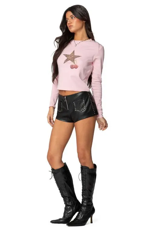 EDIKTED Cherry Leopard Star Long Sleeve Top - Pink