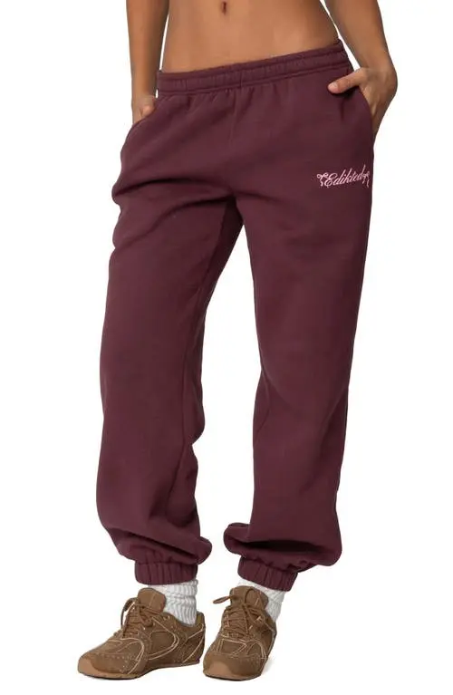 EDIKTED Sasha Bow Detail Fleece Sweatpants - Burgundy