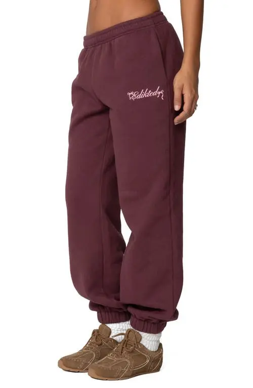 EDIKTED Sasha Bow Detail Fleece Sweatpants - Burgundy