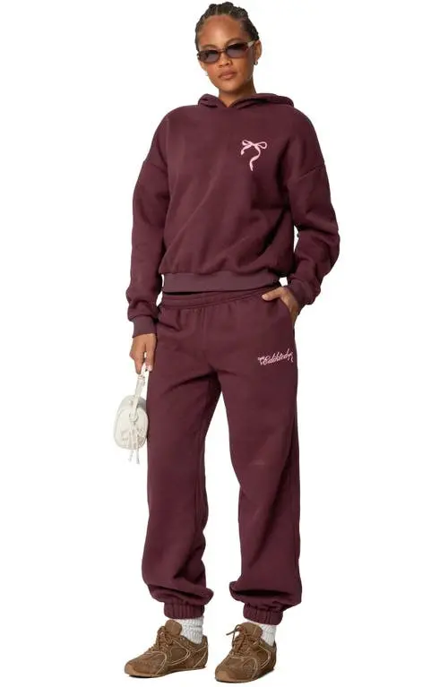 EDIKTED Sasha Bow Detail Fleece Sweatpants - Burgundy