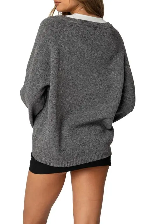 EDIKTED Martha Oversized V-neck Sweater - Dark-gray-melange