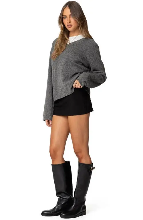 EDIKTED Martha Oversized V-neck Sweater - Dark-gray-melange