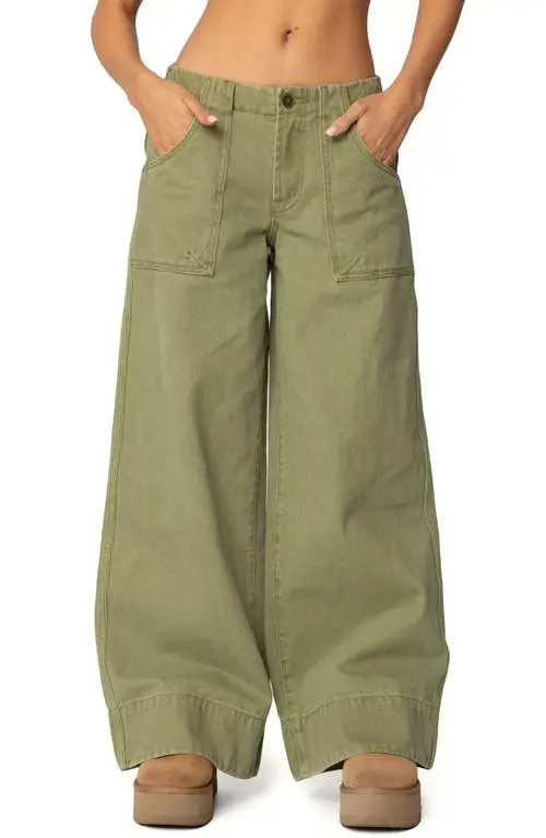 EDIKTED Vivienne Low Rise Baggy Twill Pants - Olive