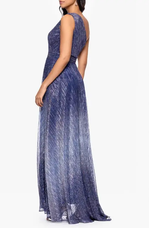 Betsy & Adam Ombré Crinkle Metallic One-shoulder Gown