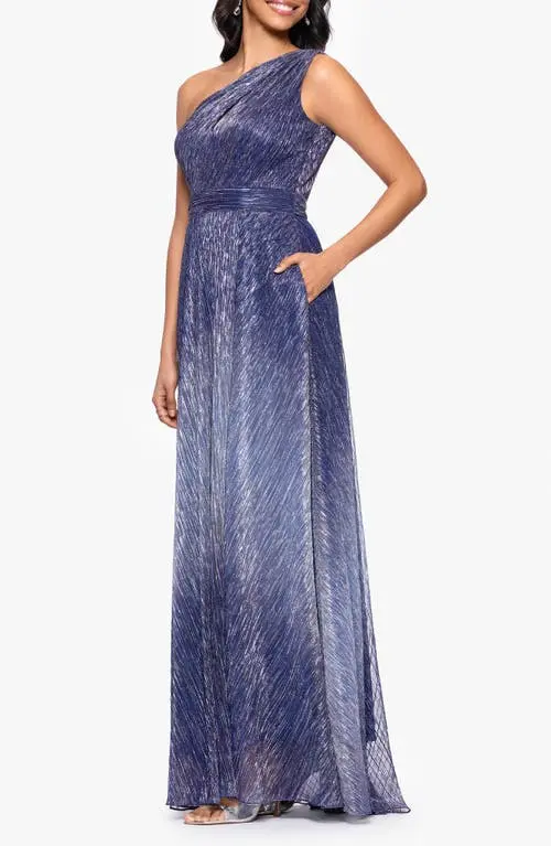 Betsy & Adam Ombré Crinkle Metallic One-shoulder Gown