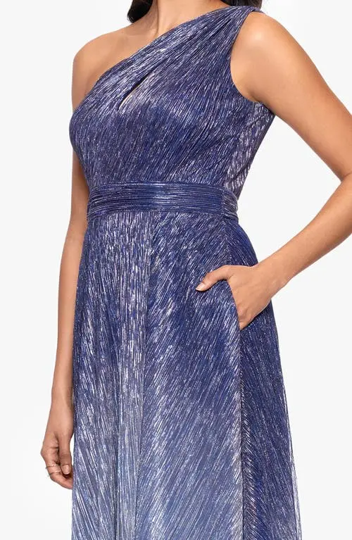 Betsy & Adam Ombré Crinkle Metallic One-shoulder Gown