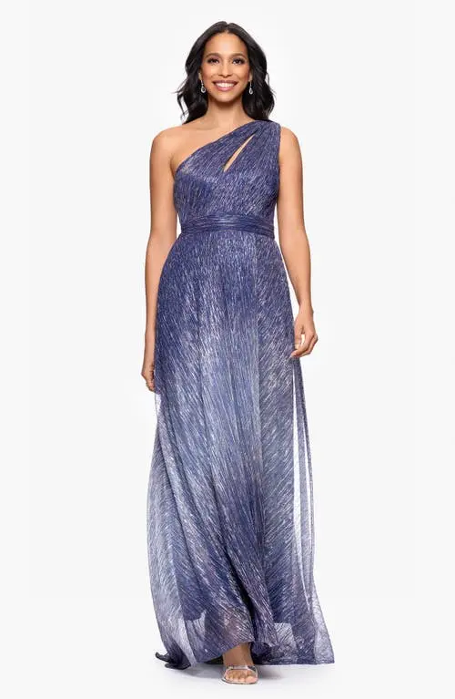 Betsy & Adam Ombré Crinkle Metallic One-shoulder Gown