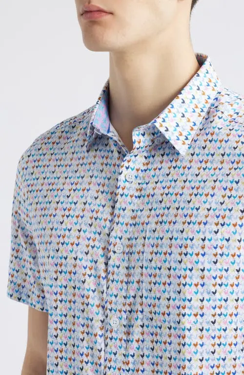 Johnston & Murphy Rooster Print Short Sleeve Button-up Shirt - White Multi