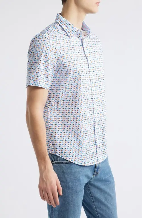 Johnston & Murphy Rooster Print Short Sleeve Button-up Shirt - White Multi