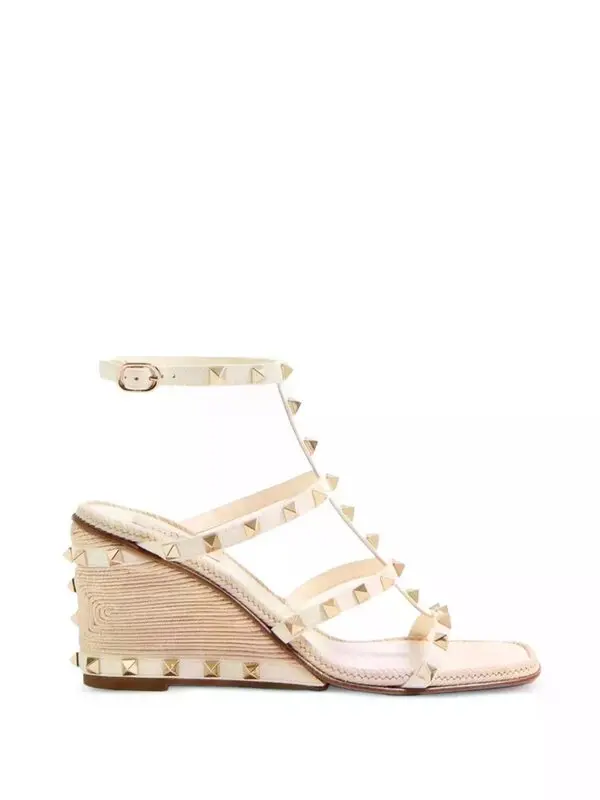 Valentino Garavani Rockstud Wedge Sandals In Calfskin With Cornely Embroidery 80mm - Neutrals