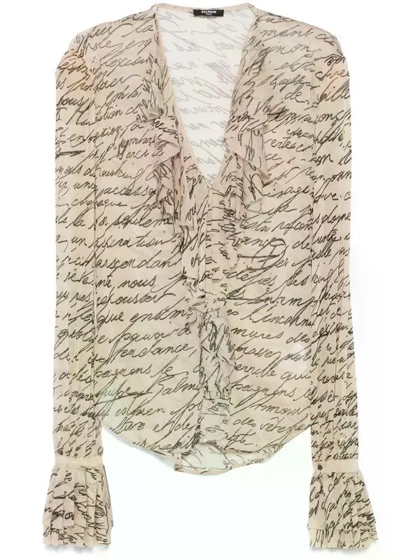Balmain Love Letter-print Ruffled Blouse