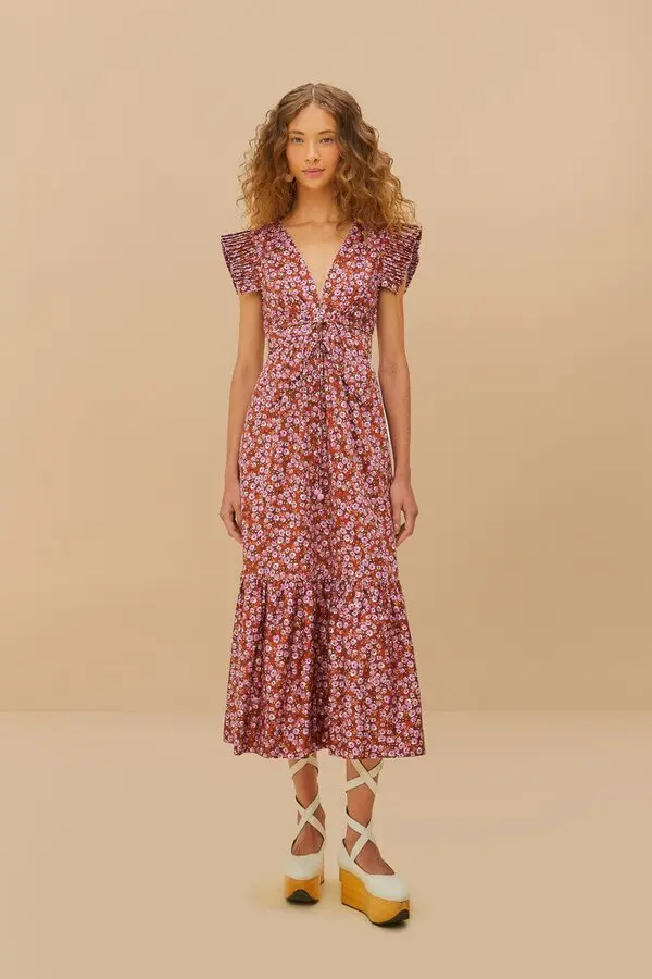 Farm Rio Brown Tiny Yard Butterfly Midi Dress In Tiny Yard Brown - 50% Off  | Editorialist