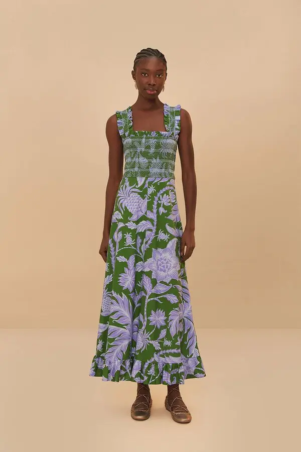 Farm Rio Tropical Print Midi Dress In Tropical Swing Green | Editorialist
