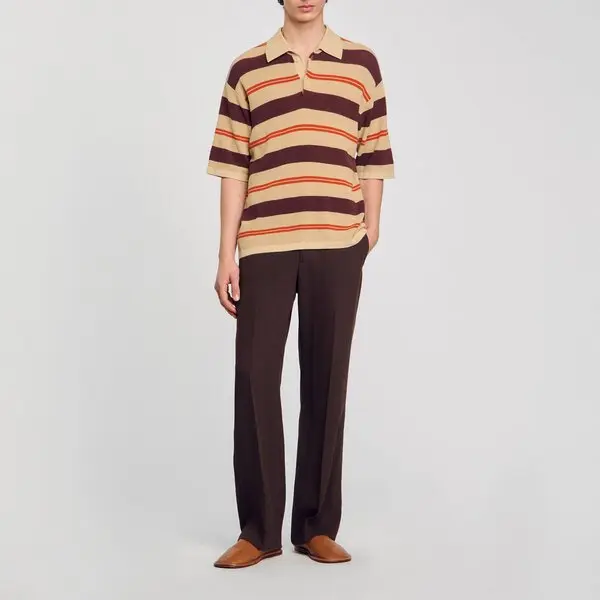 Sandro Striped Knit Polo Shirt - Nut