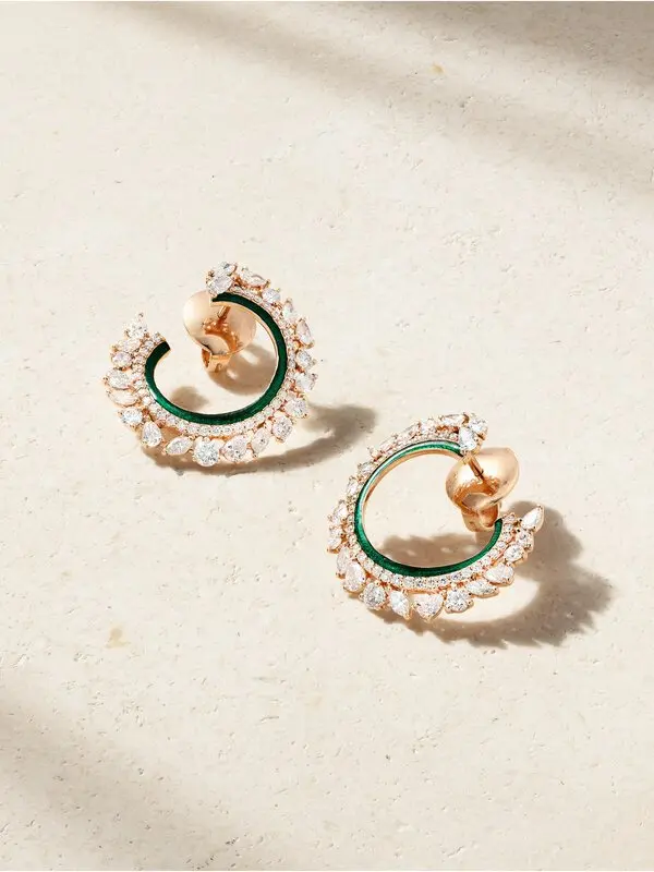 KAMYEN 18-karat Rose Gold, Diamond And Enamel Hoop Earrings - Green