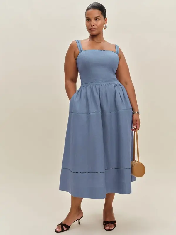 REFORMATION Everett Linen Midi Dress - Blue
