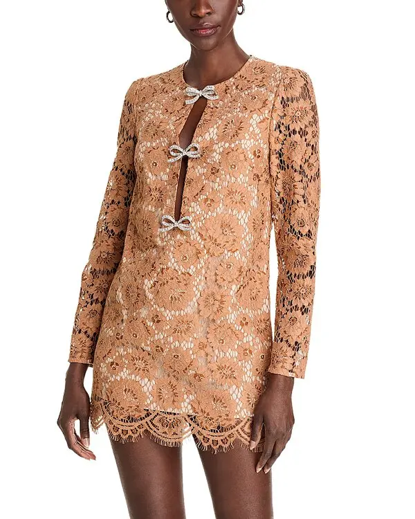 SELF-PORTRAIT Lace Embellished Bow Mini Dress - Tan