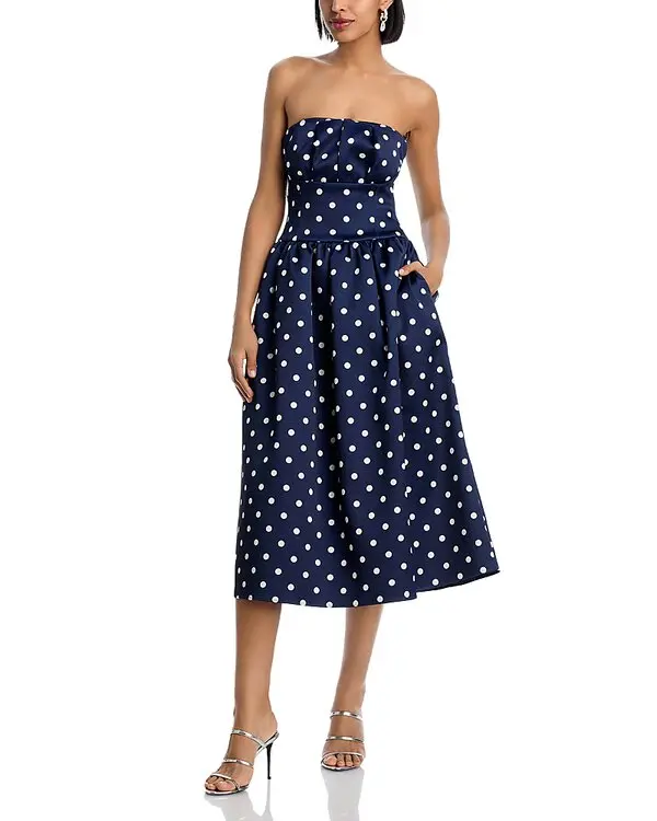 SELF-PORTRAIT Polka Dot Satin Midi Dress - Navy