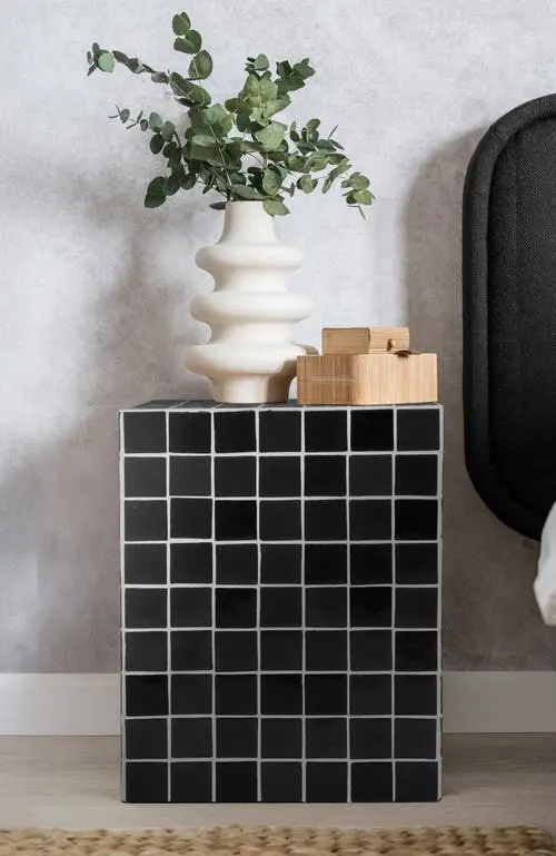 JONATHAN Y Callista 18" Modern Bohemian Ceramic Tiled Rectangle End Table - Black/white