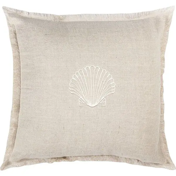 Anaya Seashell Embroidered Linen Fringe Pillow With Down Insert - Beige