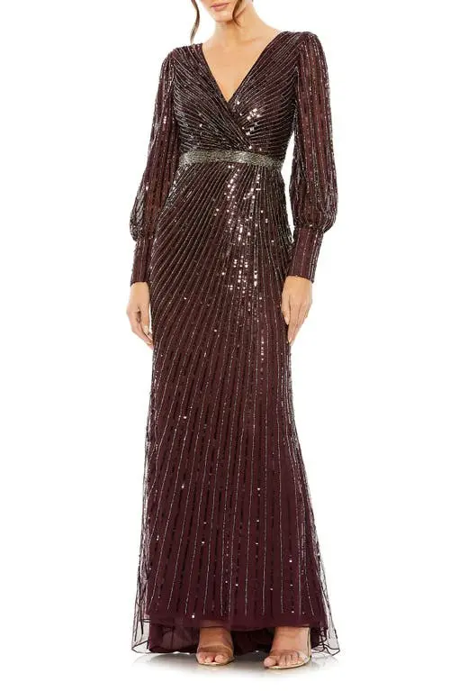 Mac Duggal Sequined Wrap Gown With Bishop Sleeves