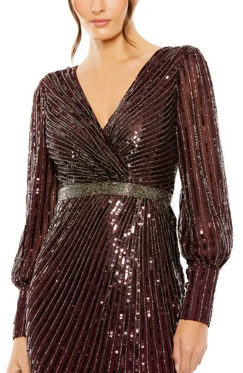 Mac Duggal Sequined Wrap Gown With Bishop Sleeves