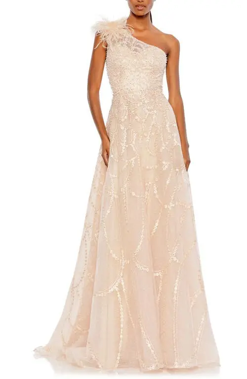 Mac Duggal Embellished One-shoulder A-line Gown With Feather Accent - Peach