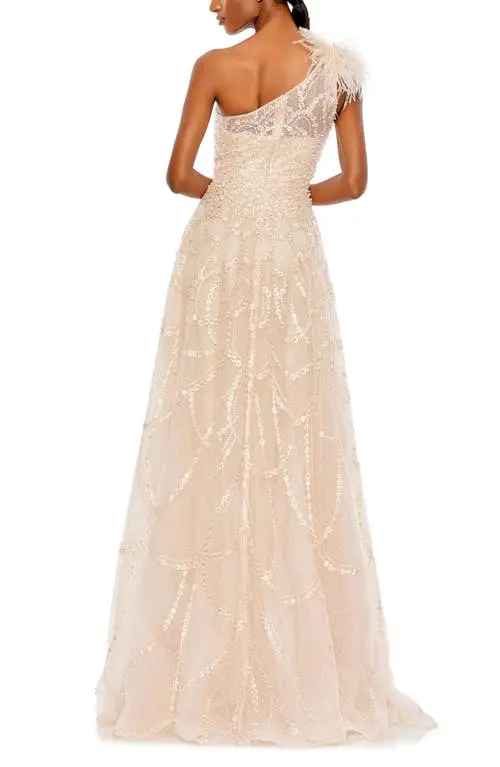 Mac Duggal Embellished One-shoulder A-line Gown With Feather Accent - Peach