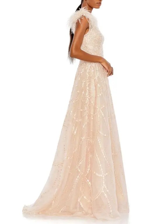 Mac Duggal Embellished One-shoulder A-line Gown With Feather Accent - Peach