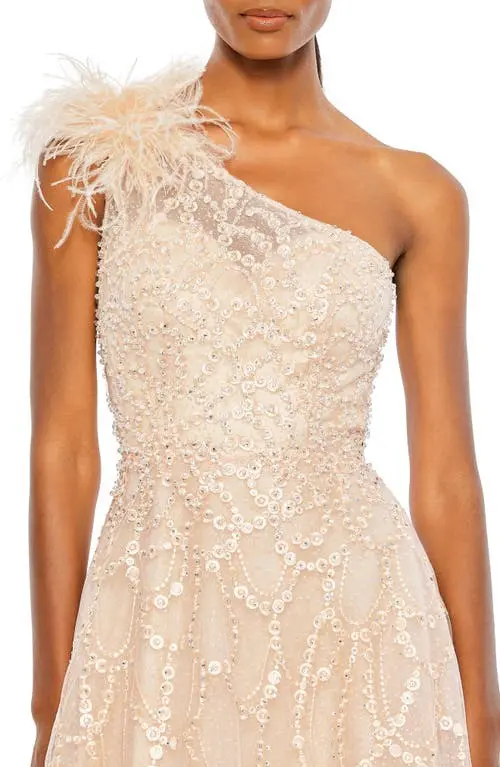Mac Duggal Embellished One-shoulder A-line Gown With Feather Accent - Peach
