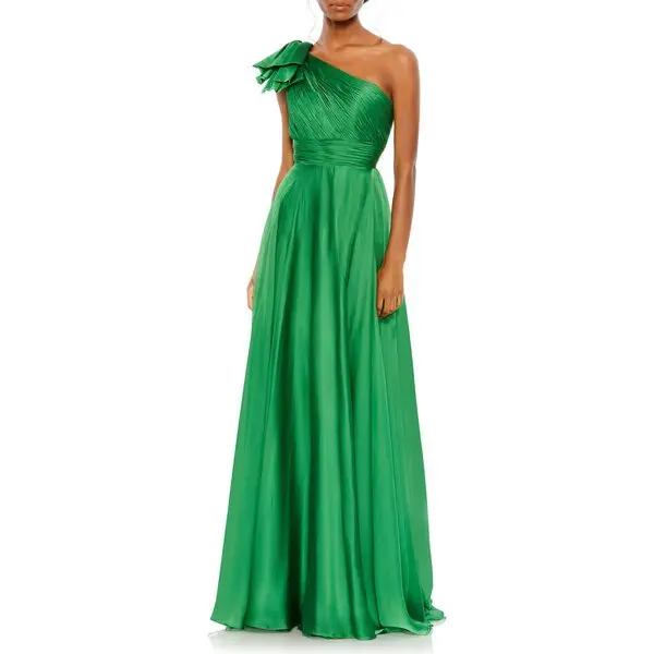 Mac Duggal One-shoulder Pleated Gown - Emerald