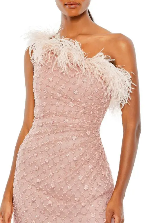 Mac Duggal Embellished One-shoulder Gown With Ostrich Feathers - Rose