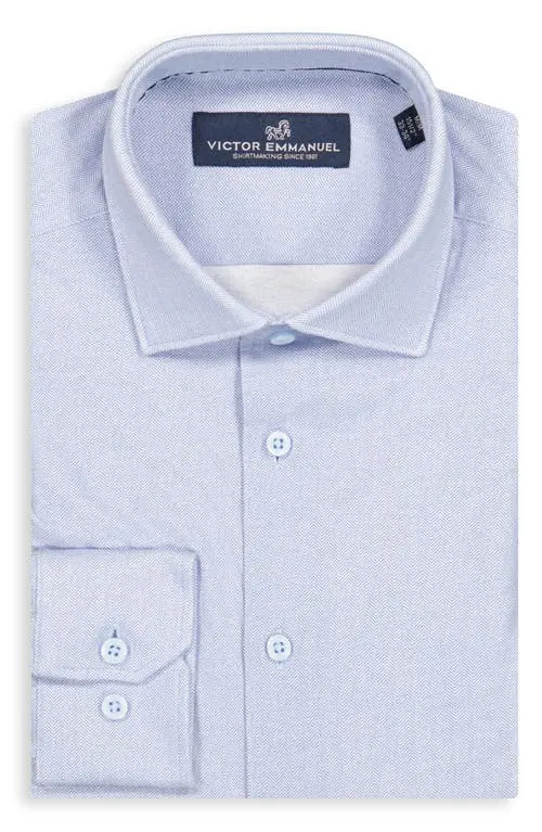 VICTOR EMMANUEL Modern Fit Herringbone Print Comfort Stretch Knit Dress Shirt - Light Blue