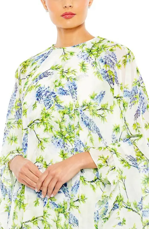 Mac Duggal Floral Print High Neck Ruffle Hem Cape Mini Dress - White Multi