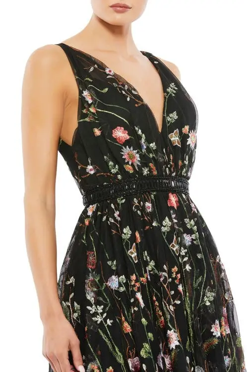 Mac Duggal Floral Embroidered Midi Dress