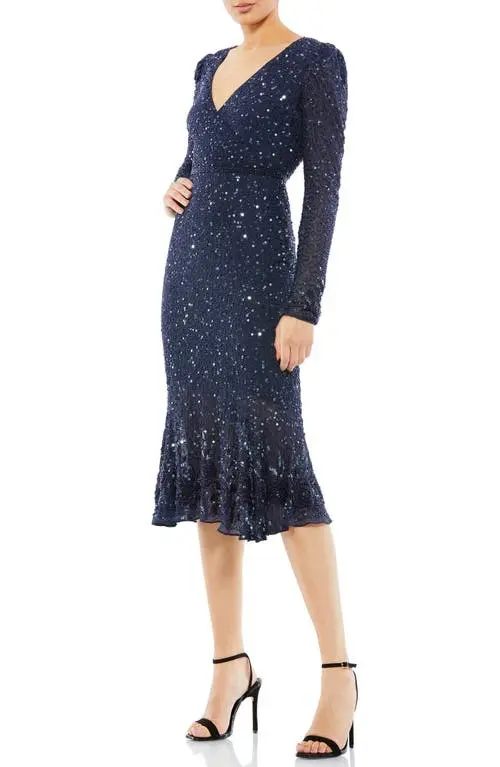 Mac Duggal Sequin Gown With Embellished Hemline And Belt - Midnight