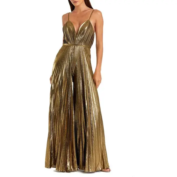 Mac Duggal Metallic Pleated Jumpsuit - Antique Gold