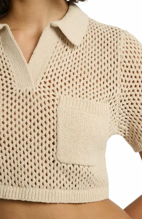 Onia Knit Crochet Cropped Short Sleeve Polo - Sandshell